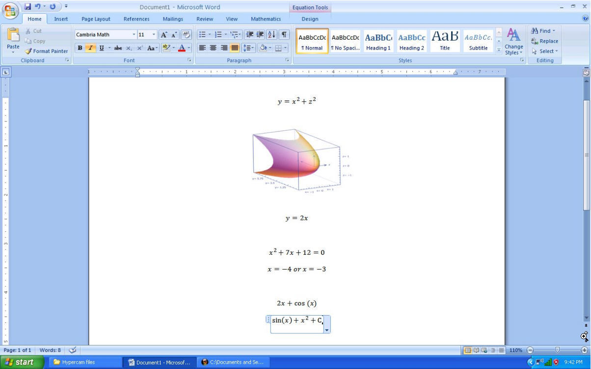 Microsoft Mathematics Equations